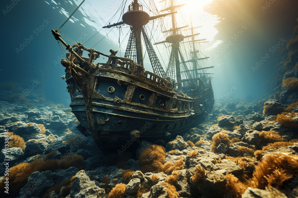 Vintage ship sunk at sea. Generated by artificial intelligence Stock ...