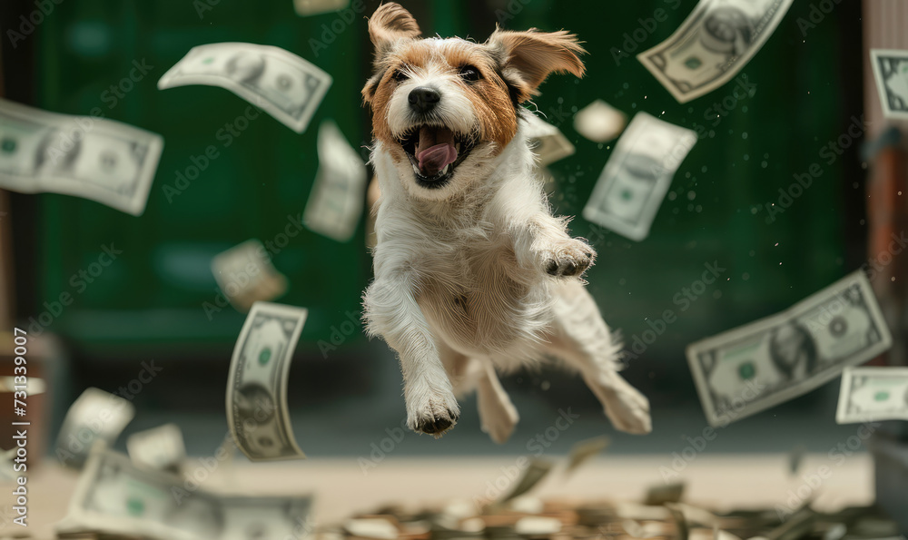 A playful dog, puppy running and jumping among paper money flying in ...