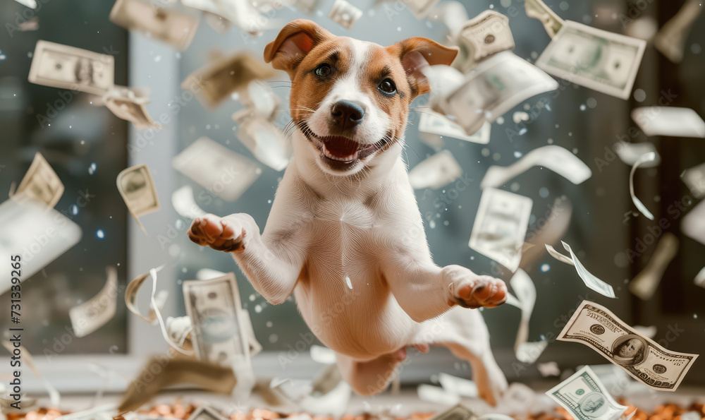 A playful dog, puppy running and jumping among paper money flying in ...