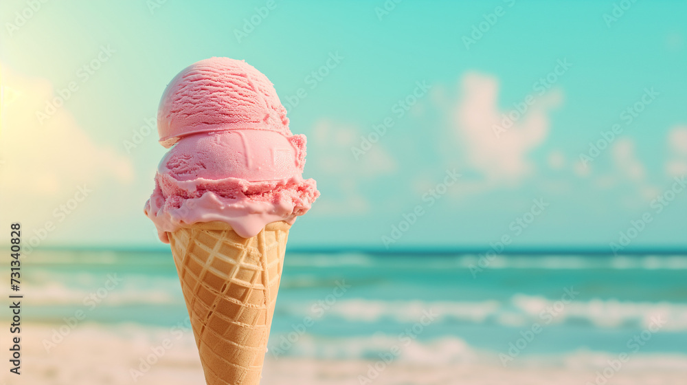 Beautiful, fruity ice in a cone; beach and see in the background ...