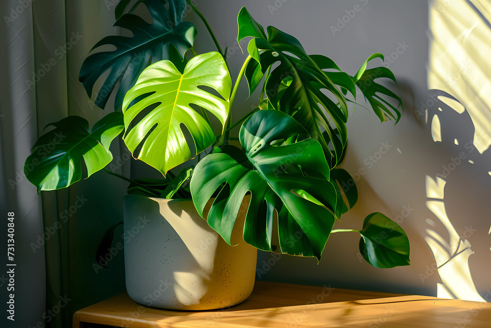 Monstera Deliciosa plant, known for its lush green foliage and unique ...
