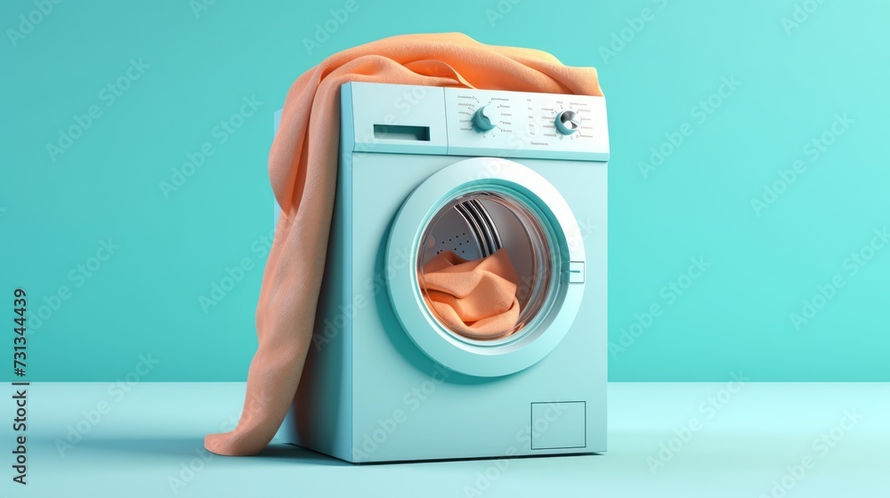 Clothes arranged around a washing machine on a blue background create a ...