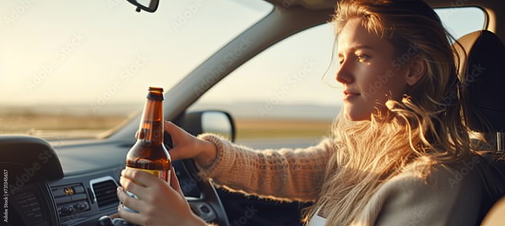 Dangerous drunk driving concept, woman driving under influence with ...