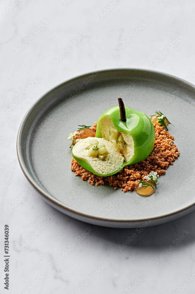 Green apple filled with vanilla bean & white chocolate mousse, apple ...