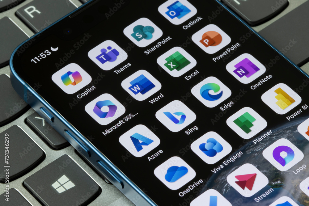 Portland, OR, USA - Feb 8, 2024: Assorted Microsoft apps are seen on an ...