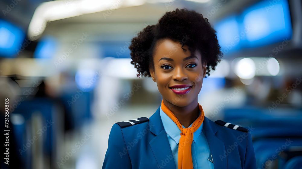 Portrait of a black female flight attendant in her uniform on an ...