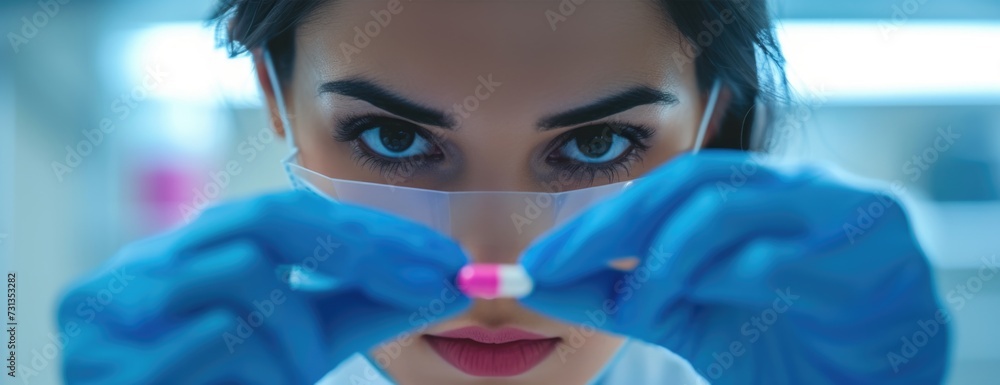 Female Researcher in Lab Coat and Nitrile Gloves Examines Pill ...