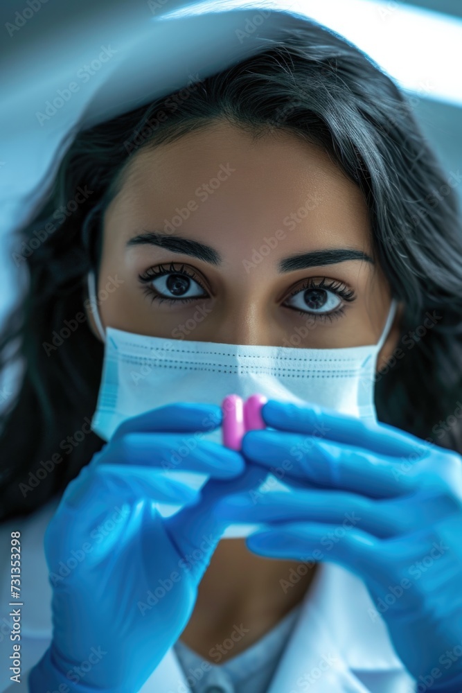 Female Researcher in Lab Coat and Nitrile Gloves Examines Pill ...