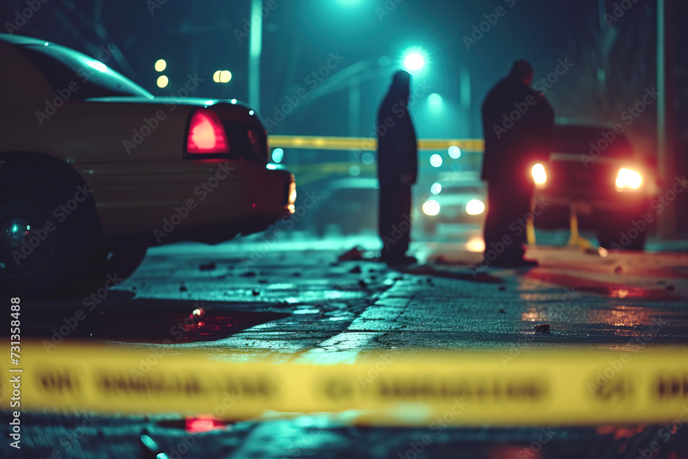 Crime scene with detectives walking around at night with yellow caution ...