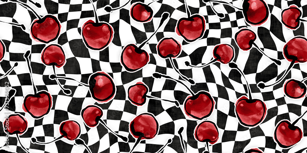 Seamless red watercolor cherries on wonky black and white surreal ...