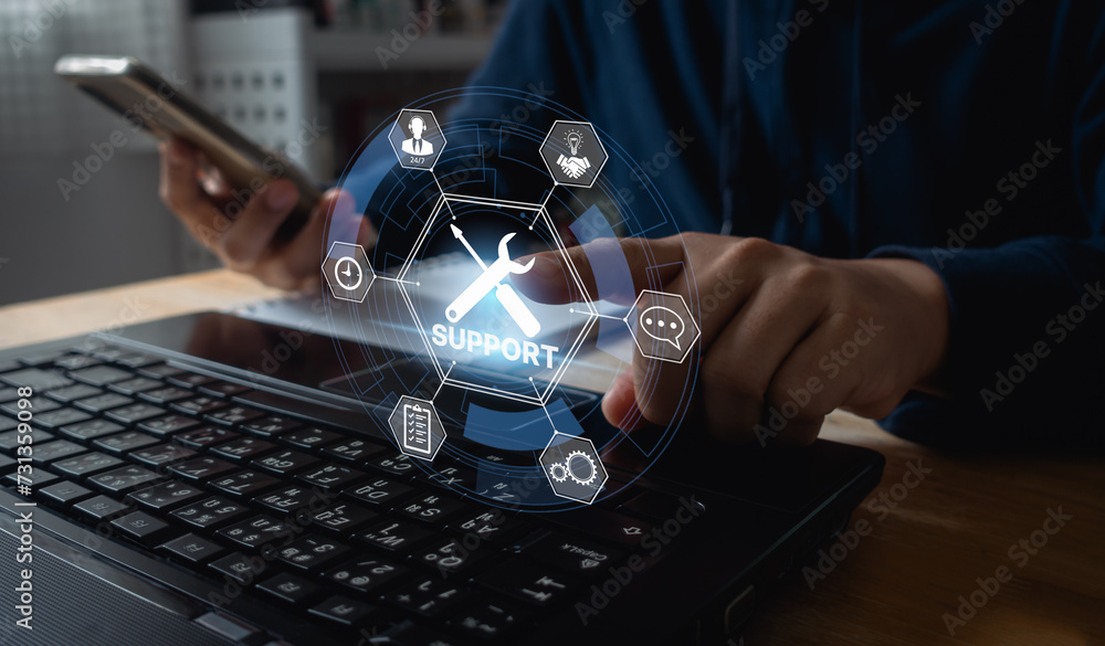 Technical Support Center Customer Service Internet Business Technology Concept. Man hand using ...