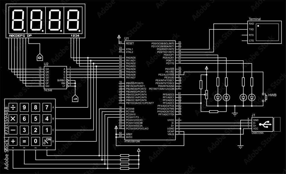 Vector electrical schematic diagram of digital device, operating under ...