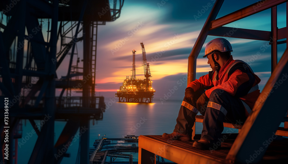 Tired oil offshore drill platform worker dressed orange uniform after ...