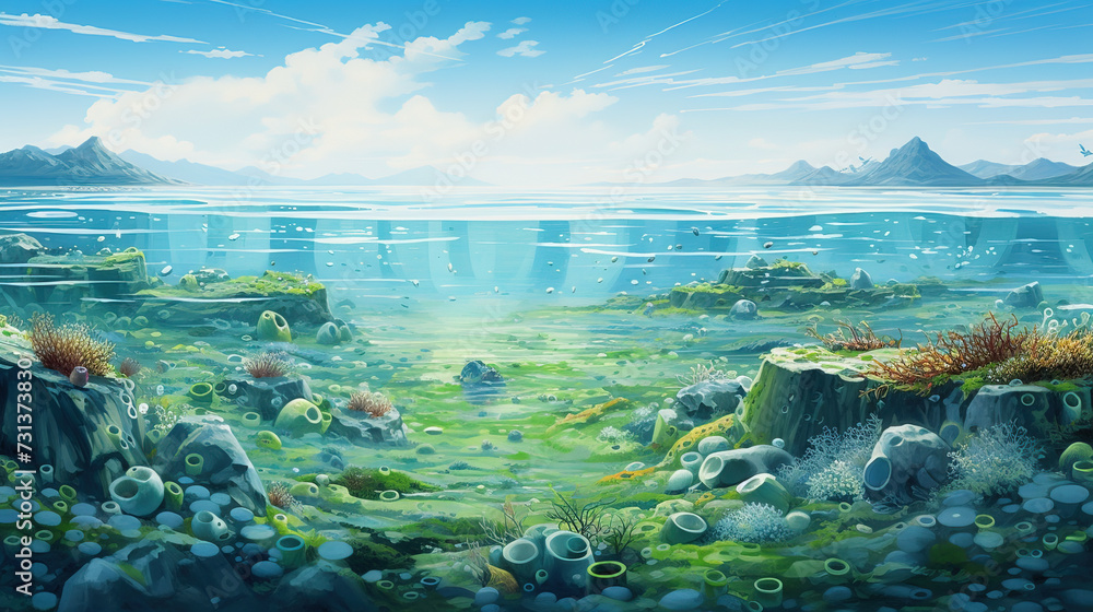 Cross-section of tropical marine landscape. Seafloor with rich wildlife ...