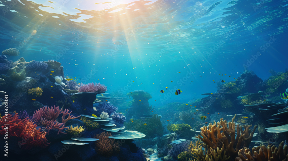 Sunlight illuminating beautiful underwater landscape with colorful ...