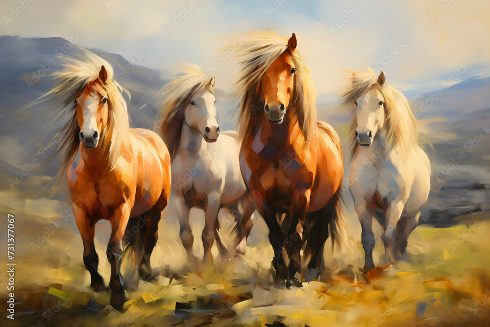Painting of beautiful and cute Shetland ponies, mini horse breed with ...