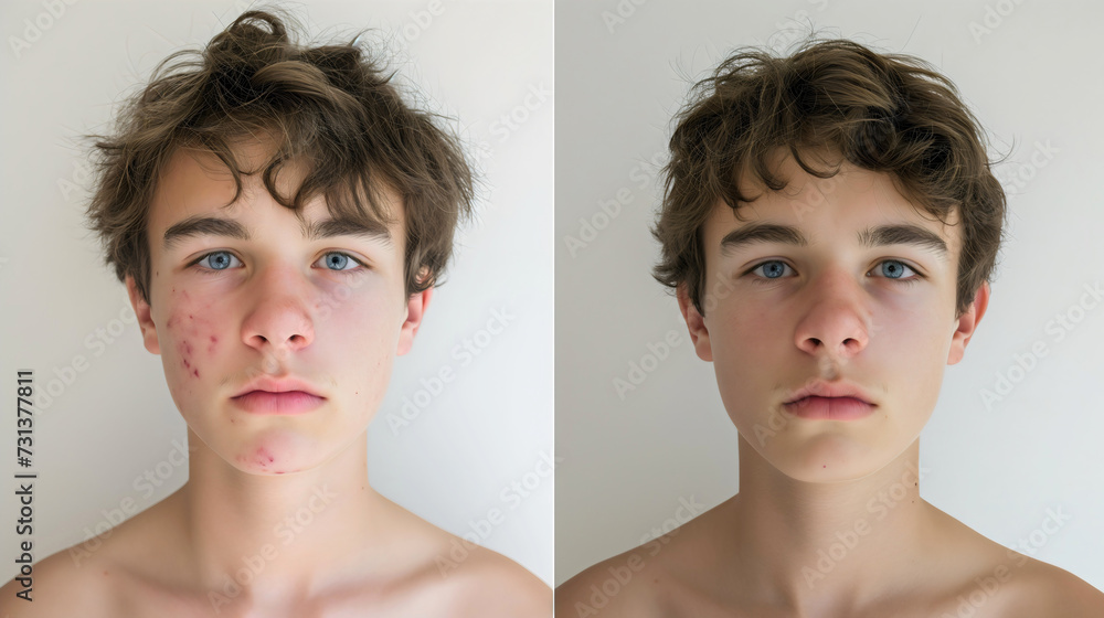 Young teenage boy dermatology acne treatment before and after. Teenager ...