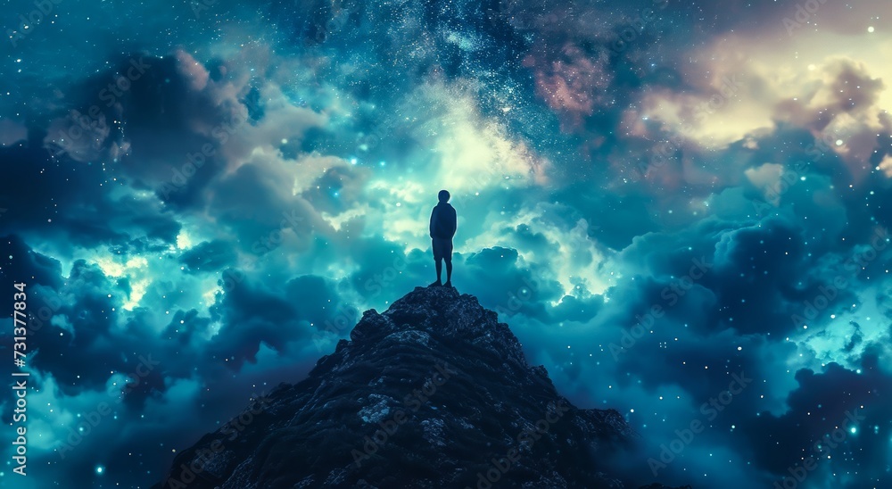 A solitary figure stands on the highest peak, gazing out at the endless ...