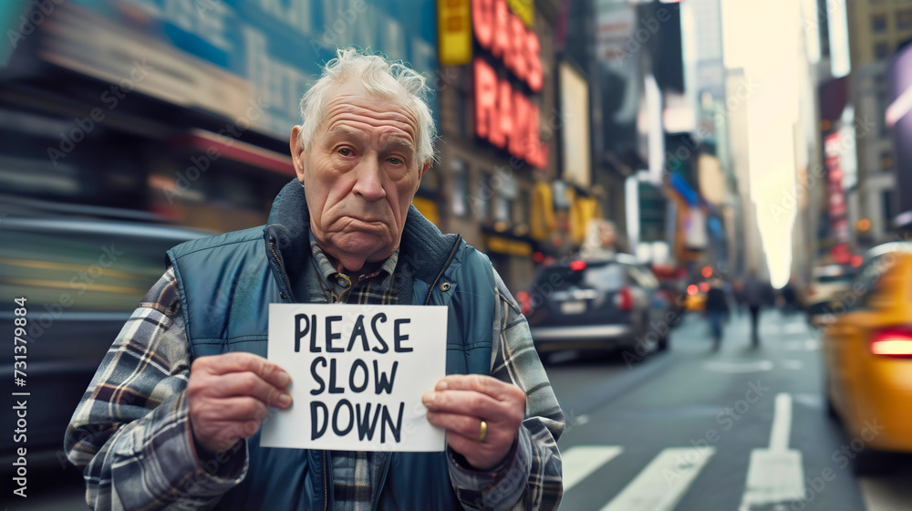 Senior old man standing on a city street crosswalk and holding a paper ...
