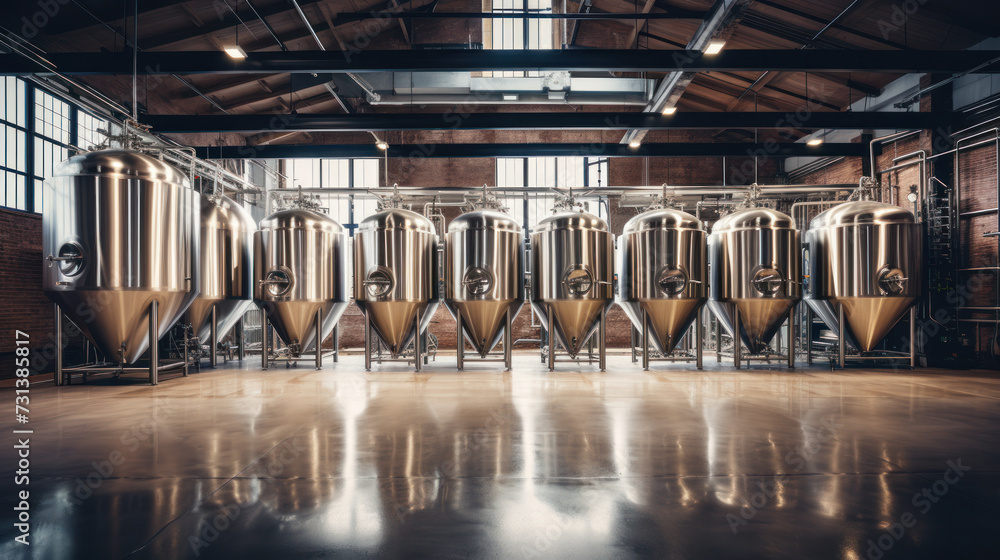Interior of brewery, large steel storage tanks for brewing beer. Stock ...