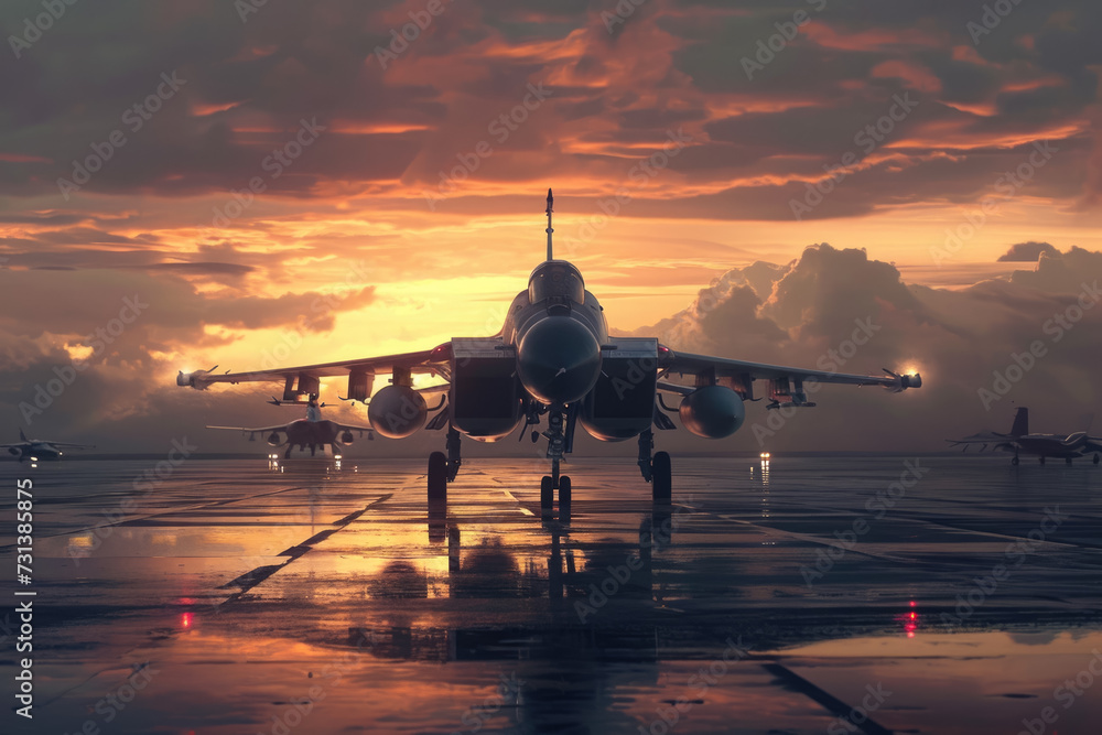 fighter jet taking off from a military base. The jet is loaded with ...