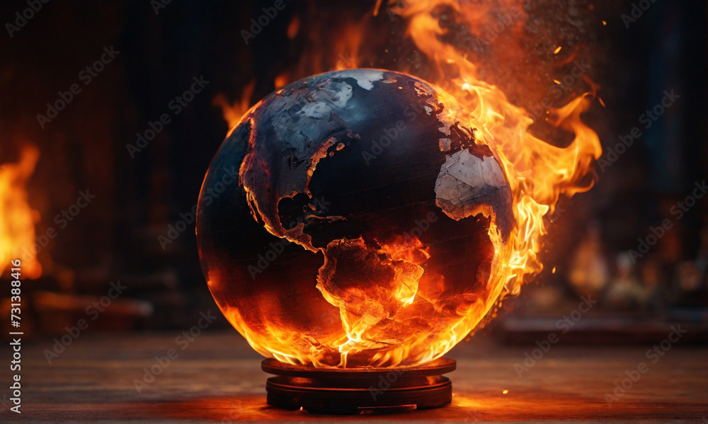 Burning globe standing in the table in the fire. Hot temperature ...