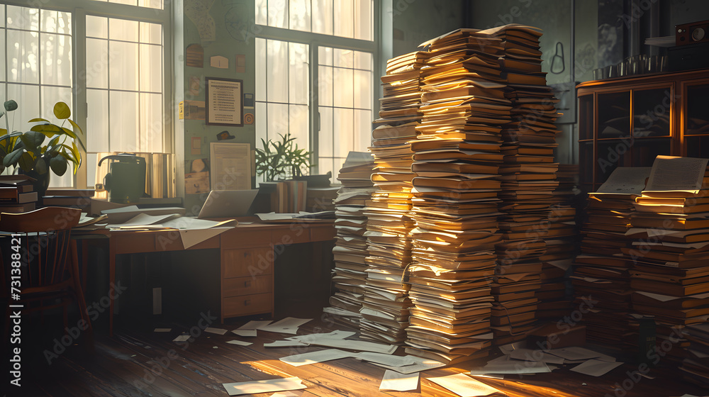 Paperwork, stacks business papers in home office with sunlight ...