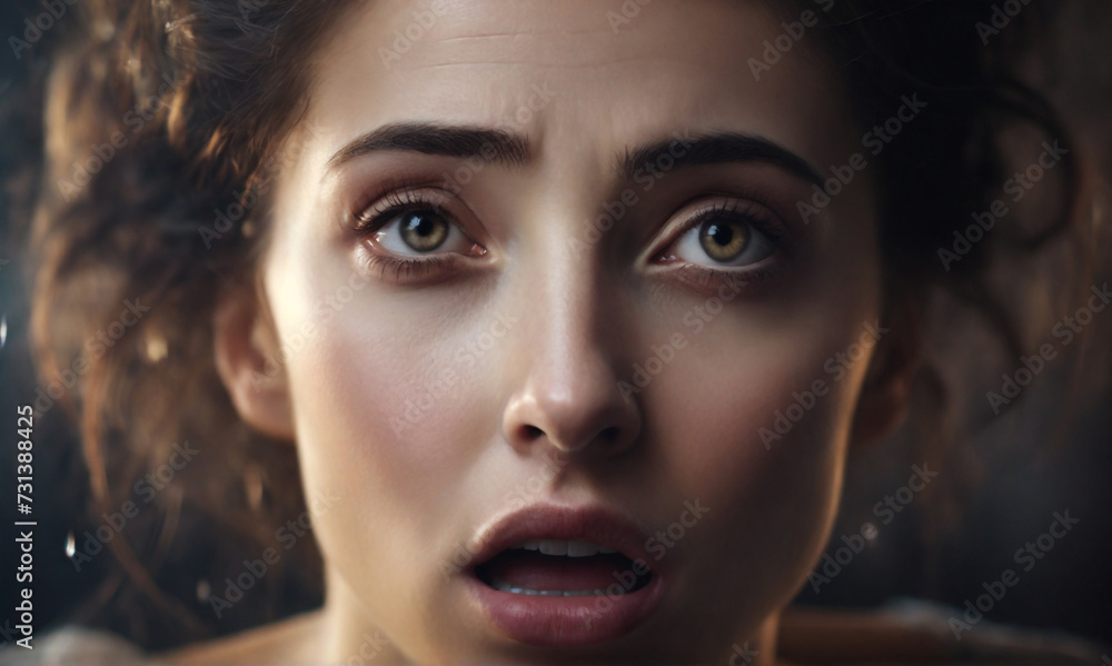 scared lady close the mouth with hand, big scared eyes full of tears ...