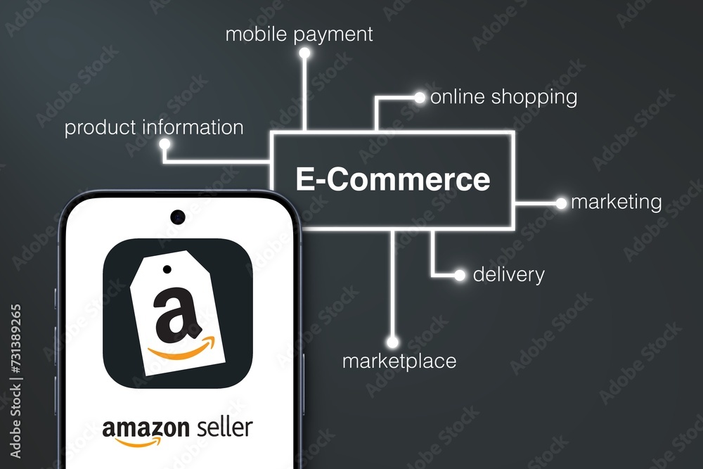 Amazon Seller App Logo is shown on a modern smartphone, E-Commerce ...