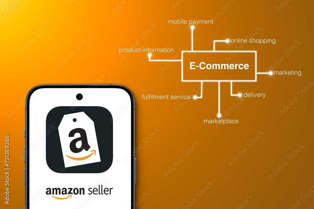 Amazon Seller App Logo is shown on a modern smartphone, orange gradient ...