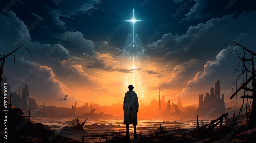 A full-length drawing of a believer next to the cross on which Jesus ...