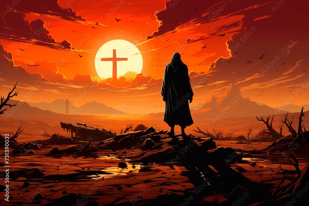 A full-length drawing of a believer next to the cross on which Jesus ...