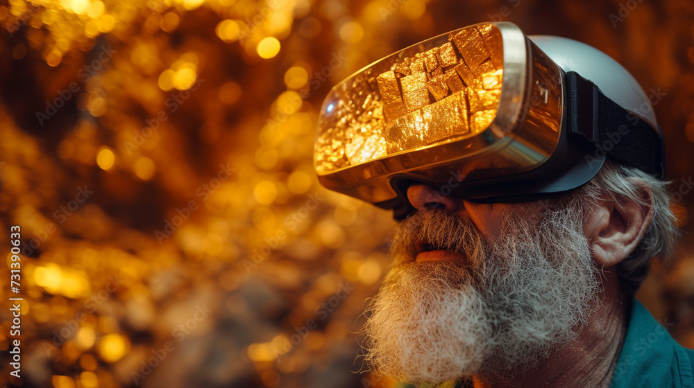 A gold miner outfitted with VR glasses, standing in a rugged mine ...