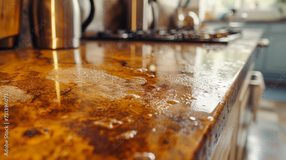 Zoomed view on a kitchen surface showing oil marks, capturing the ...