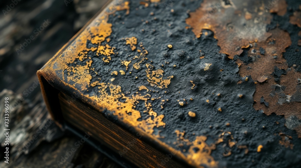 Zoomed-in view of a book cover afflicted by mold, illustrating damage ...