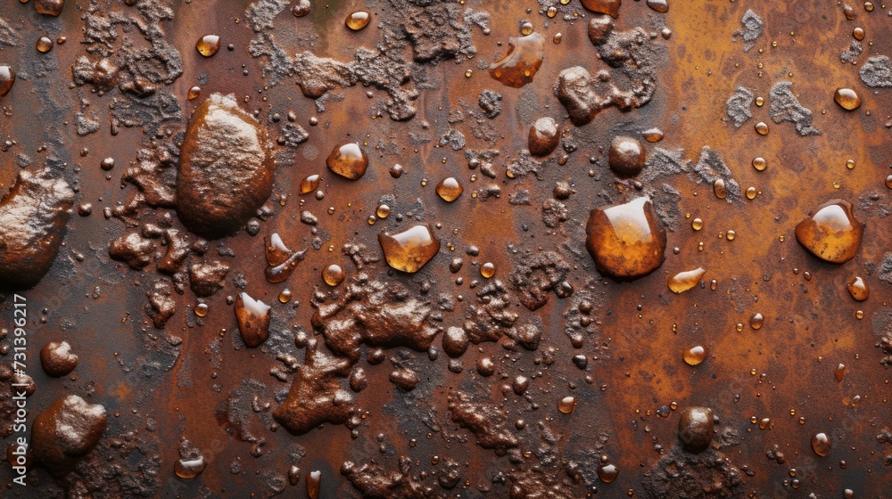 Close examination of metal showing rust and oil droplets, a texture ...