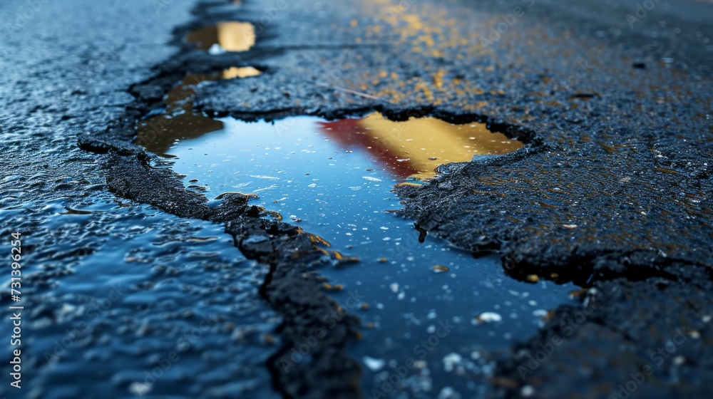 Asphalt surface close-up showing oil spill patterns, a detailed look at ...