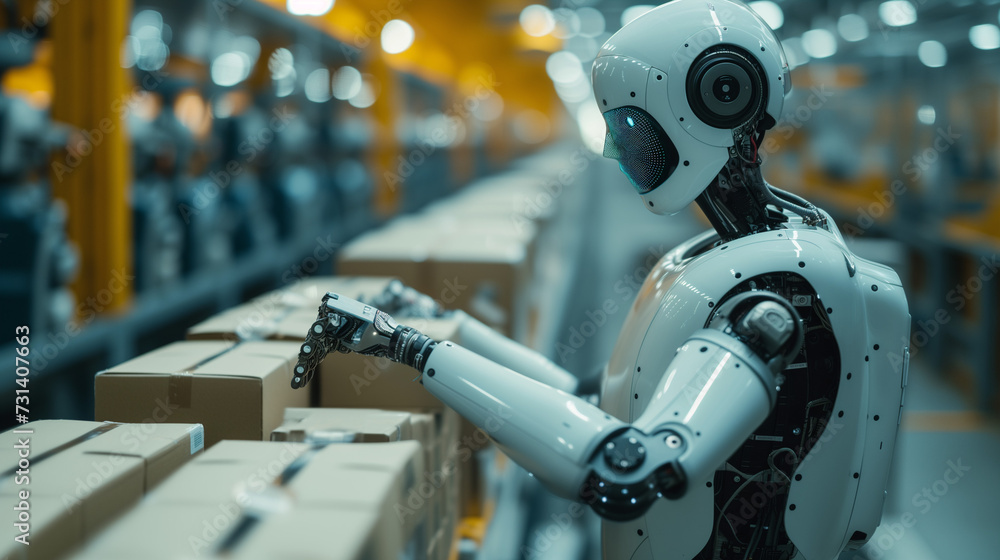 AI robot working in a production factory, Android robot at work packing ...