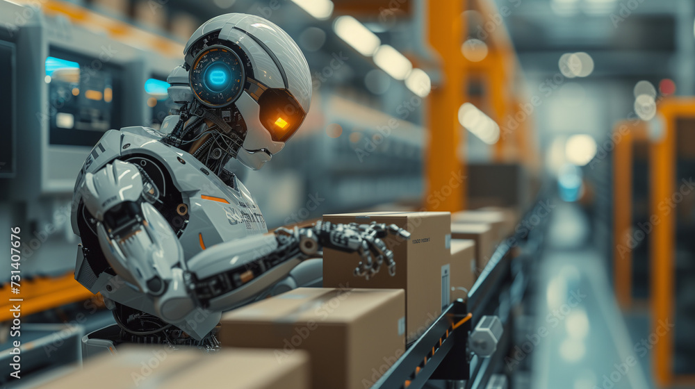 AI robot working in a production factory, Android robot at work Stock ...