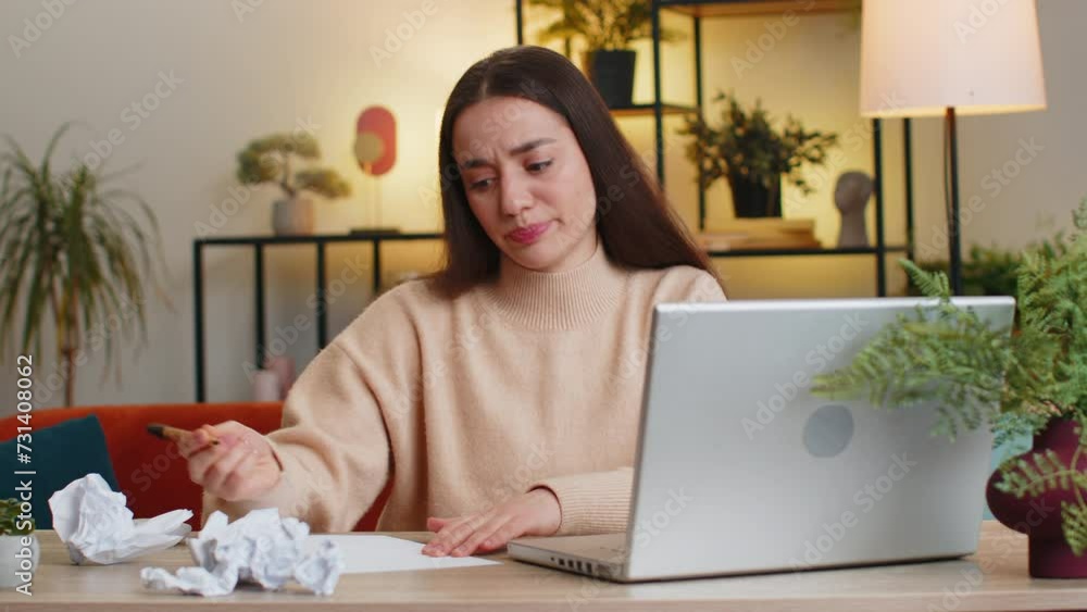 Angry furious Caucasian young woman throwing crumpled paper nervous ...