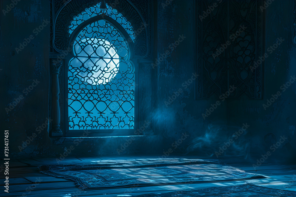 Moonlight shines through the window of an Islamic mosque, creating a ...