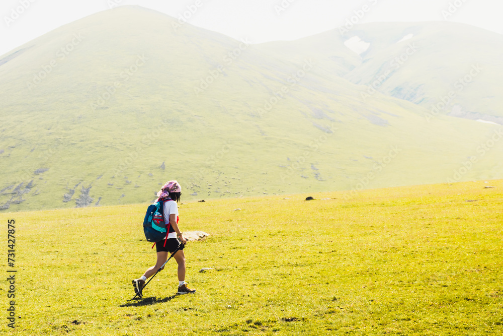 Side view fit sporty female hiker with nordic walk sticks go uphill in ...