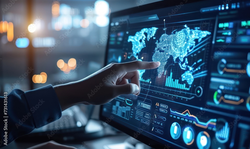 The abstract image of the hand point to the business virtual hologram ...