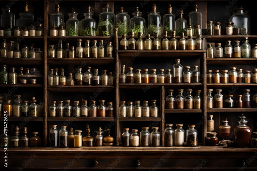 A vintage apothecary with dark wooden shelves lined with glass jars ...
