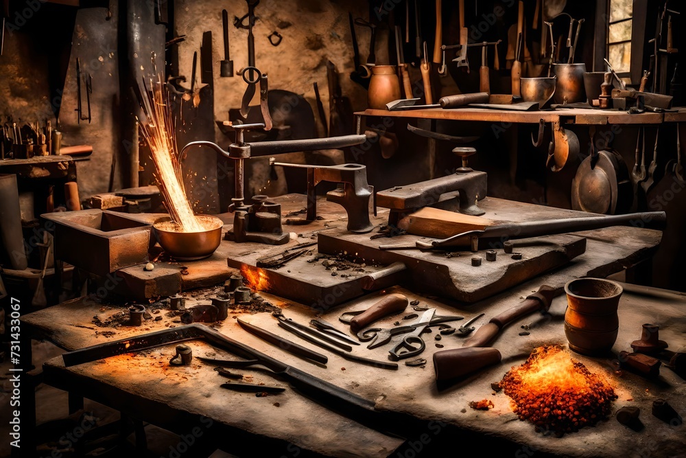 A close-up of a blacksmith's workbench, with metal tools, glowing ...