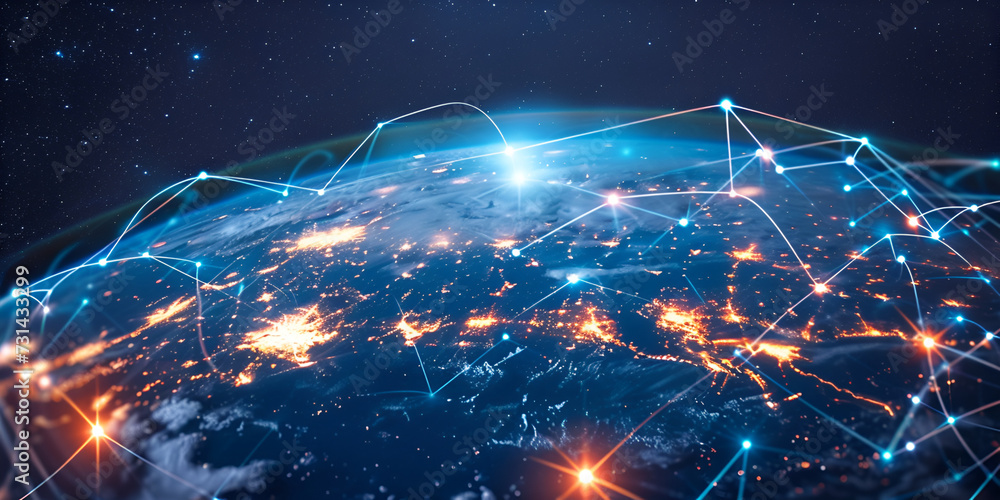 A complex network, representing digital information flow and data ...