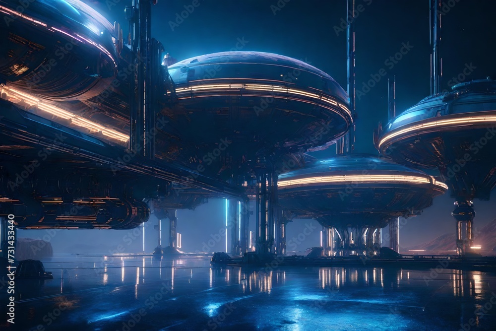 A high-tech space station orbiting a distant planet, with sleek ...