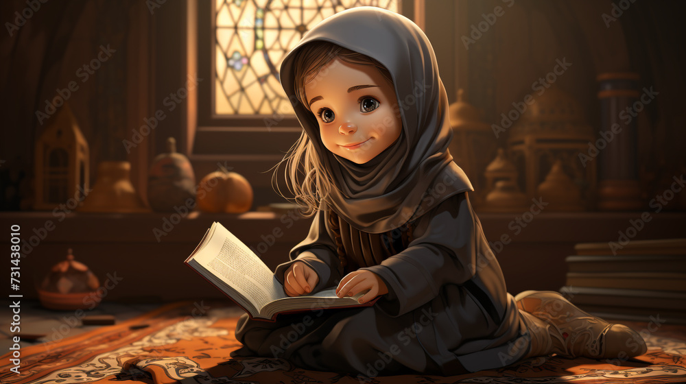 cartoon illustration of a full-bodied child reading the Koran, 2D style ...