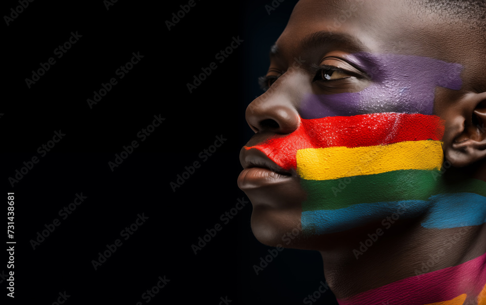 Black man's face portrait in side view with bold colored lines on the ...