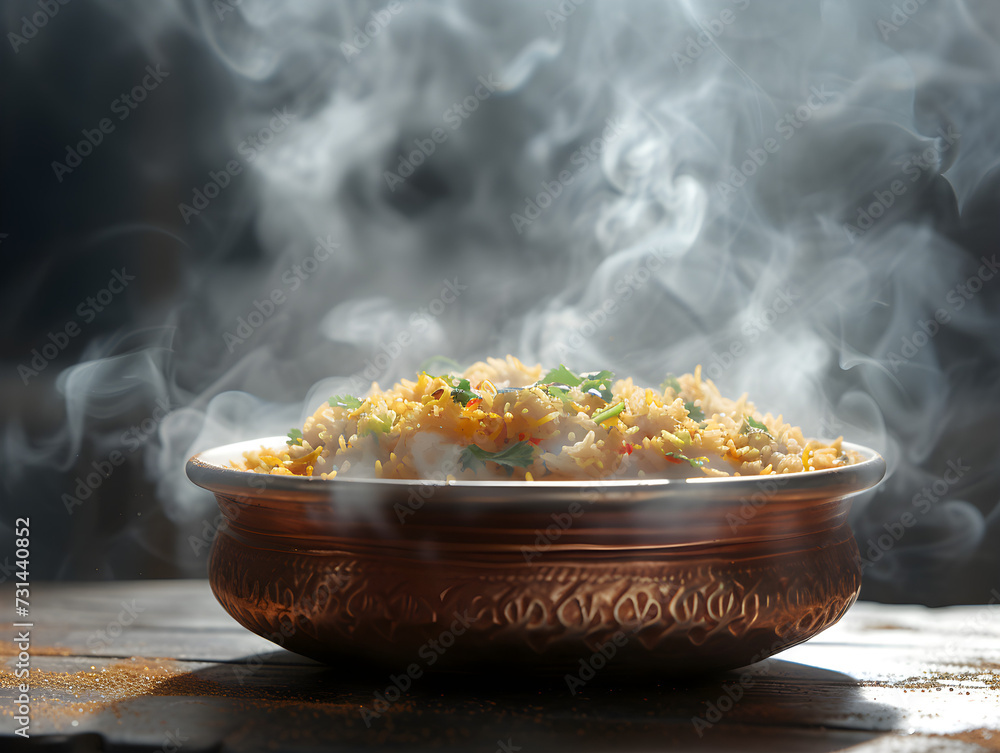 A dish of biryani with smoke on a dark background, showcasing the rich ...